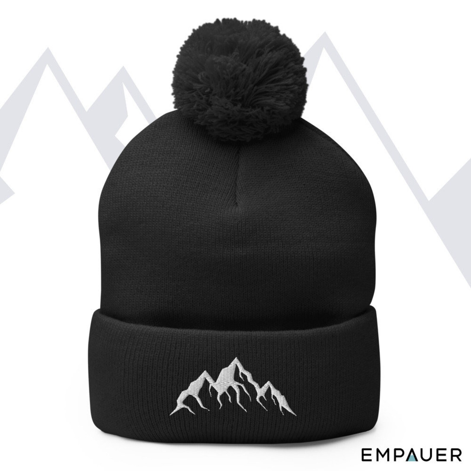 Mountains Pom Pom Beanie, MOUNTAIN Hat, Embroidered, Hiking Climbing ...