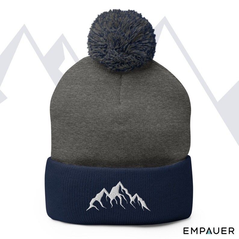 Mountains Pom Pom Beanie, MOUNTAIN Hat, Embroidered, Hiking Climbing ...