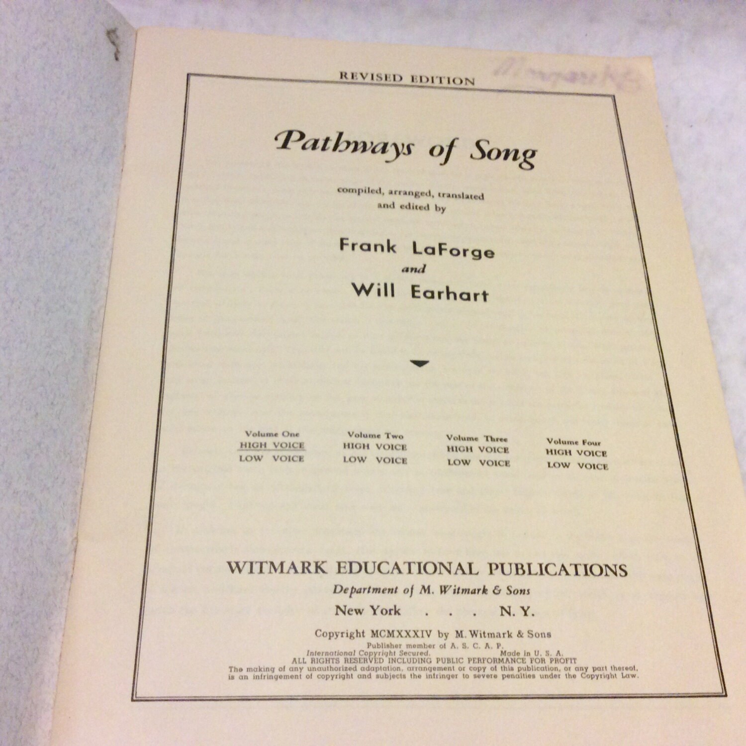 Pathways of Song Volume One High Voice 1935 Sheet Music Song Book. Free ...