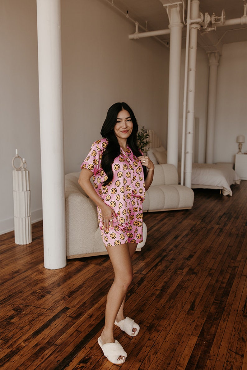 Smiley Face Pajamas, Smiley Print Pajamas, Pink Wedding Pajamas ...