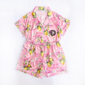 Stretchy Pajamas, Luxury Lemon Print Pajamas, Cute Floral Sleep Set ...