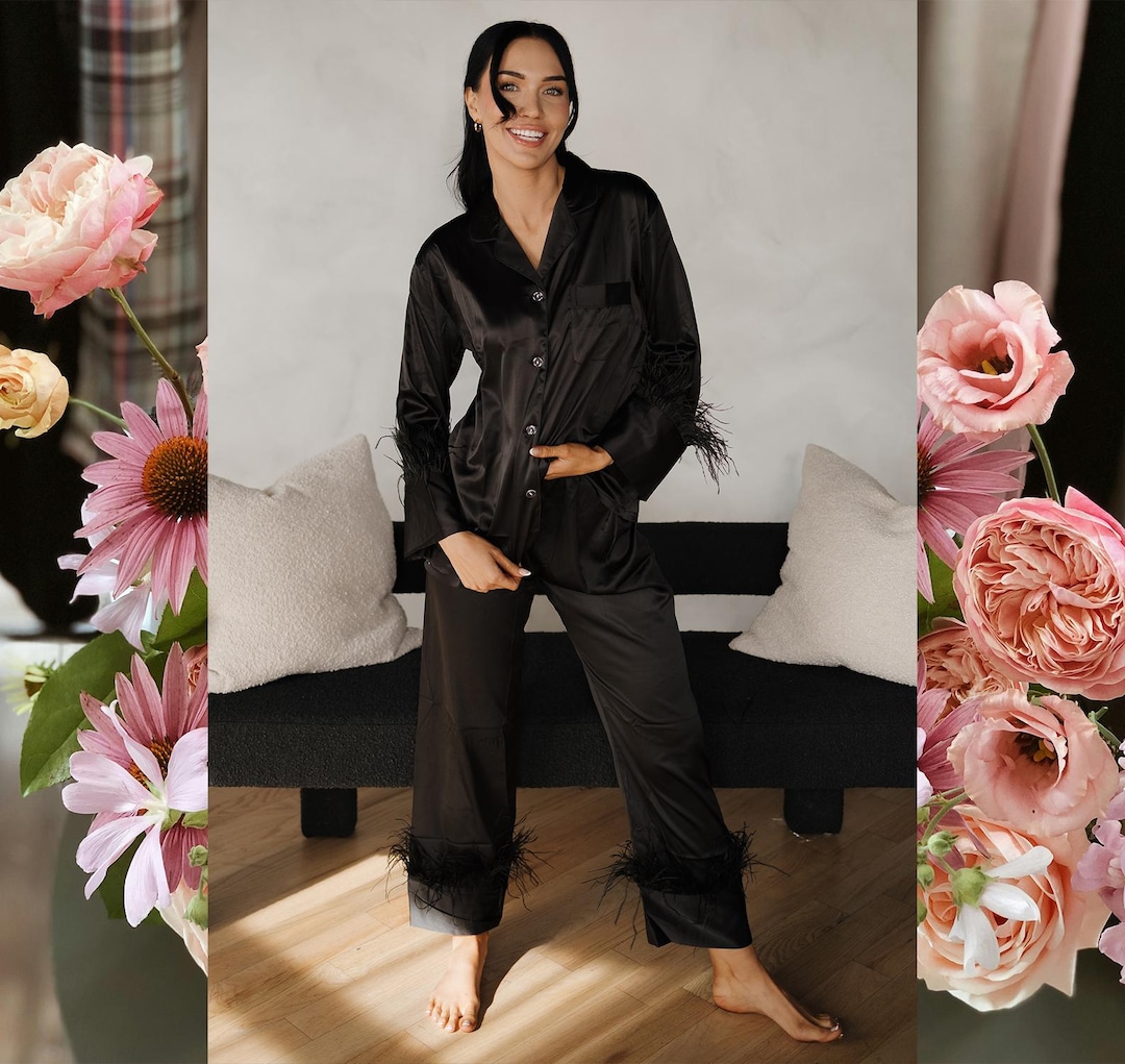 Luxurious Pajamas| Glamorous Pajamas | Elegant Black Satin Feather ...