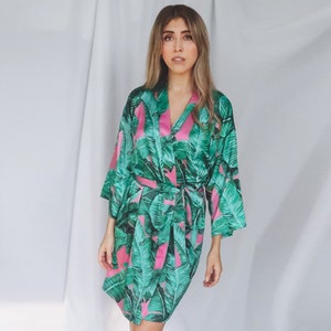 Pink tropical robe custom satin robe palm leaf robe bridal | Etsy