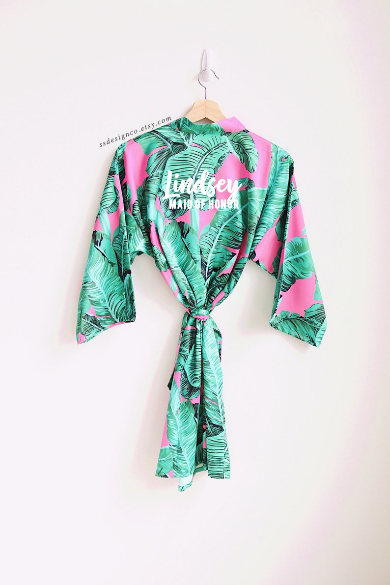 Pink tropical robe custom satin robe palm leaf robe bridal | Etsy
