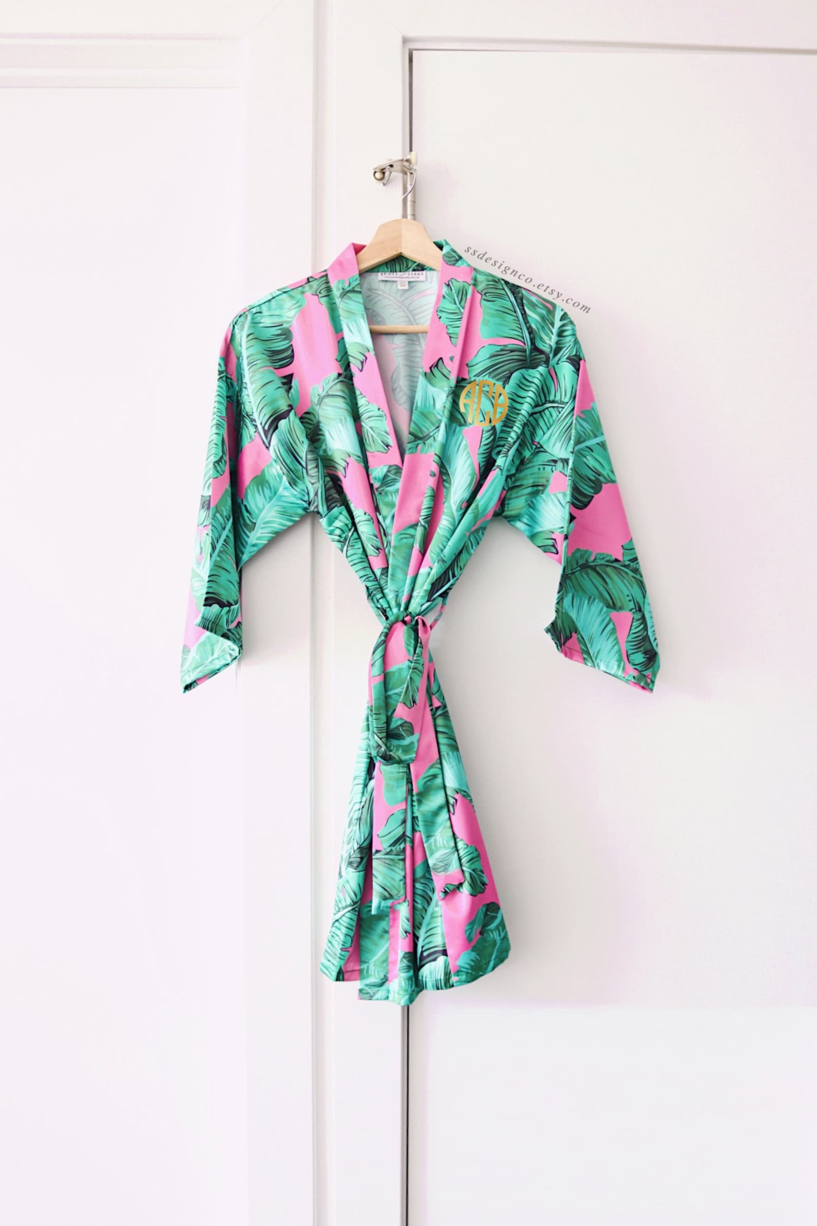 Pink tropical robe custom satin robe palm leaf robe bridal | Etsy
