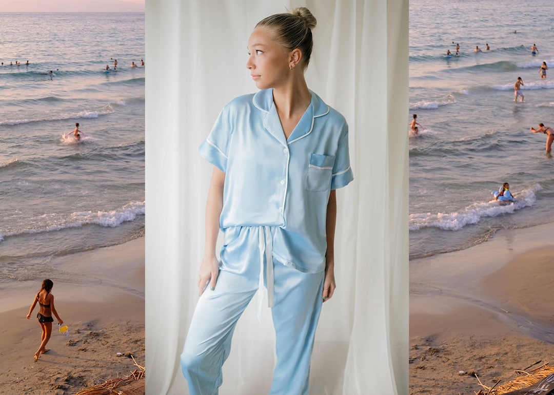 Baby Blue Pajamas, Blue Satin Pajamas, Silk Pajamas, Pajama Pants Set ...