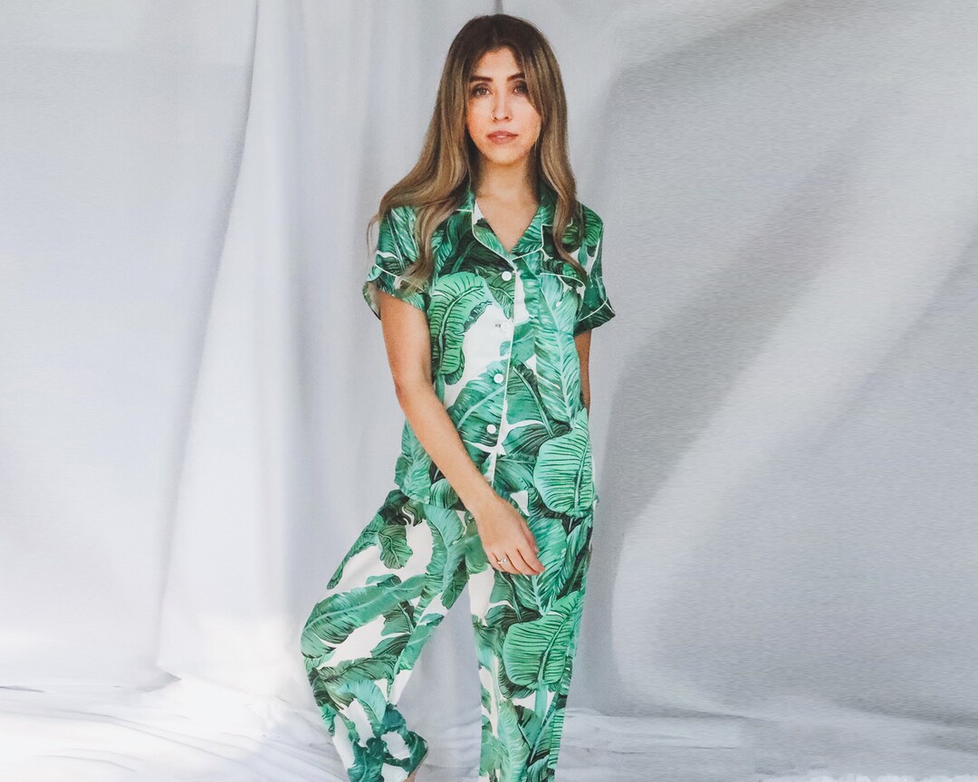 Banana Leaf Satin Pajama Set, Monogram Pjs - Etsy