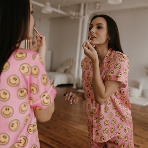 Smiley Face Pajamas, Smiley Print Pajamas, Pink Wedding Pajamas ...