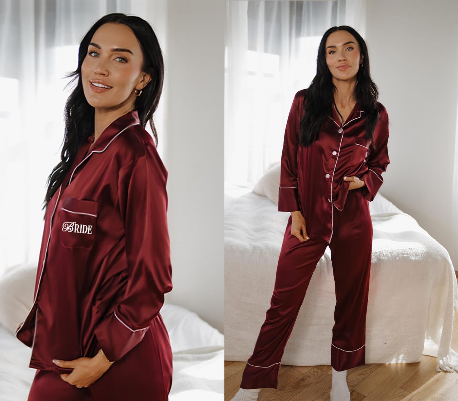 Dark Wine Satin Pajamas – Luxe Two-piece Sleep Set for Women - Silky ...