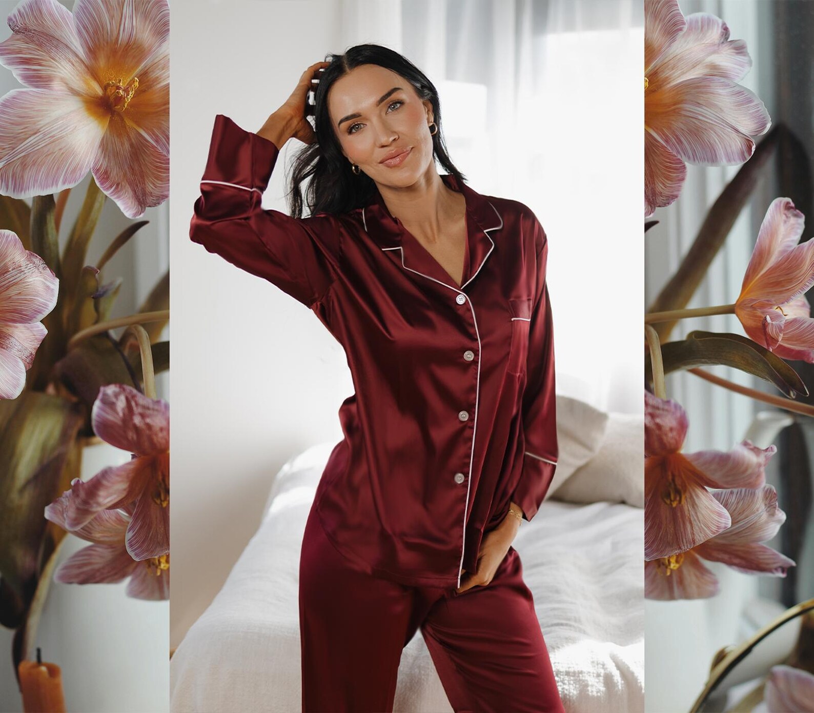 Dark Wine Satin Pajamas – Luxe Two-piece Sleep Set for Women - Silky ...