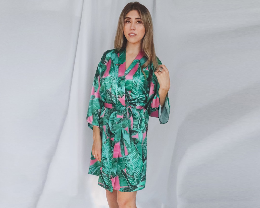 Pink Tropical Robe, Custom Satin Robe, Palm Leaf Robe, Bridal Party ...