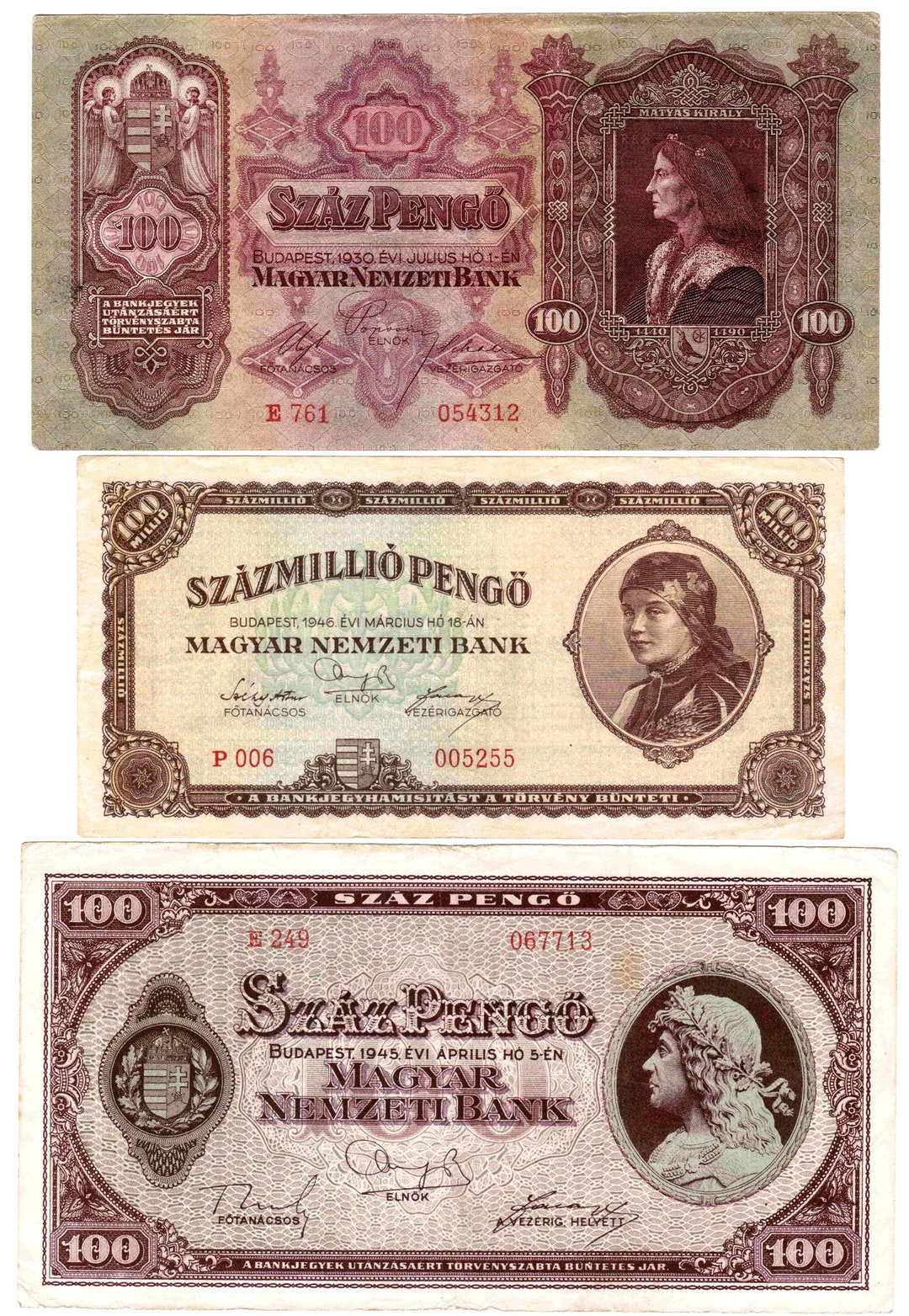 Hungary Three Old Banknotes, 1930, 1945, 1946 - 1946 is Inflation ...
