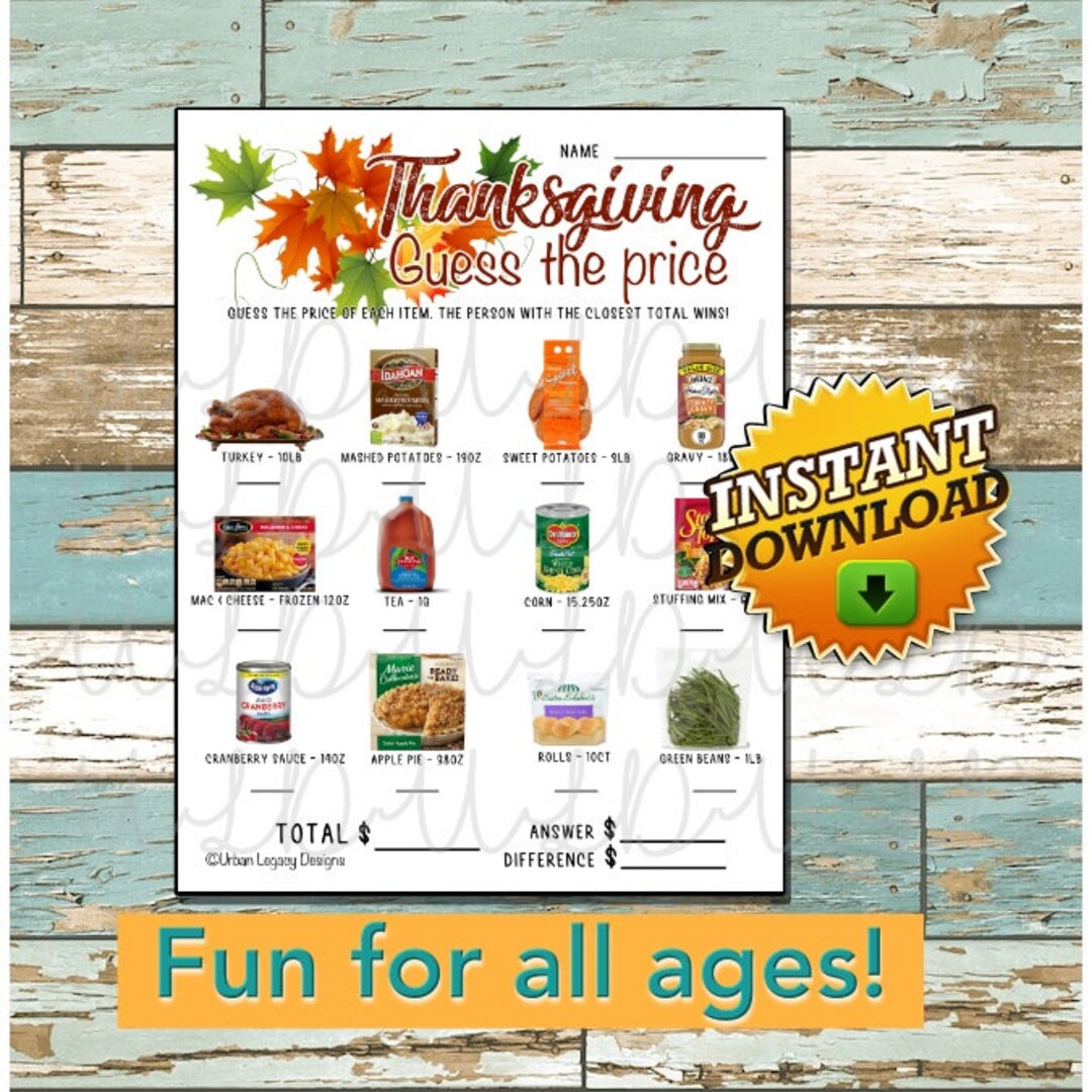 Thanksgiving GUESS THE PRICE Game instant Download, Party Printable ...