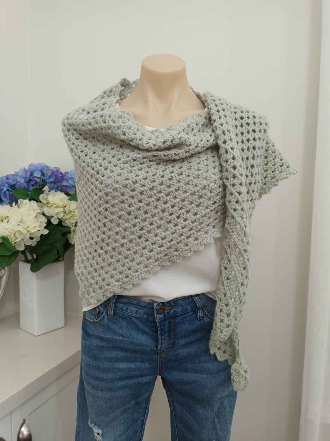 Beautifully Soft Sage Green Crochet Asymmetric Wrap or Shawl, Soft ...