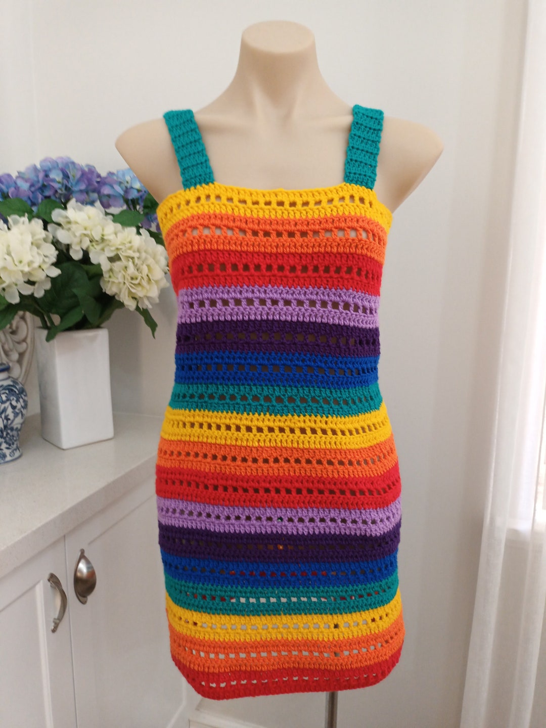 Rainbow Crochet Body Con Mini Dress, Pride Crochet Dress, Beach Cover ...