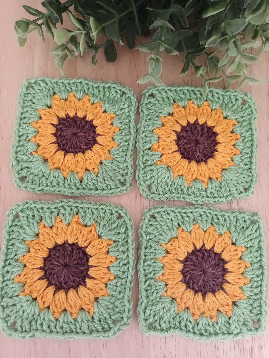 Set of 4 Sunflower Crochet Granny Squares Light Green Border, Crochet ...