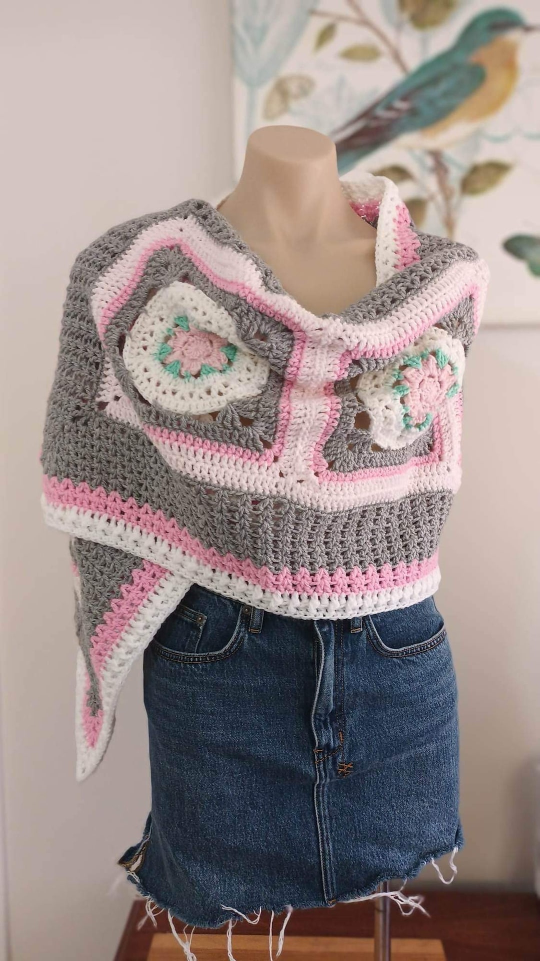 Pink Flower Granny Square Shawl or Wrap, Warm Granny Square Wrap ...