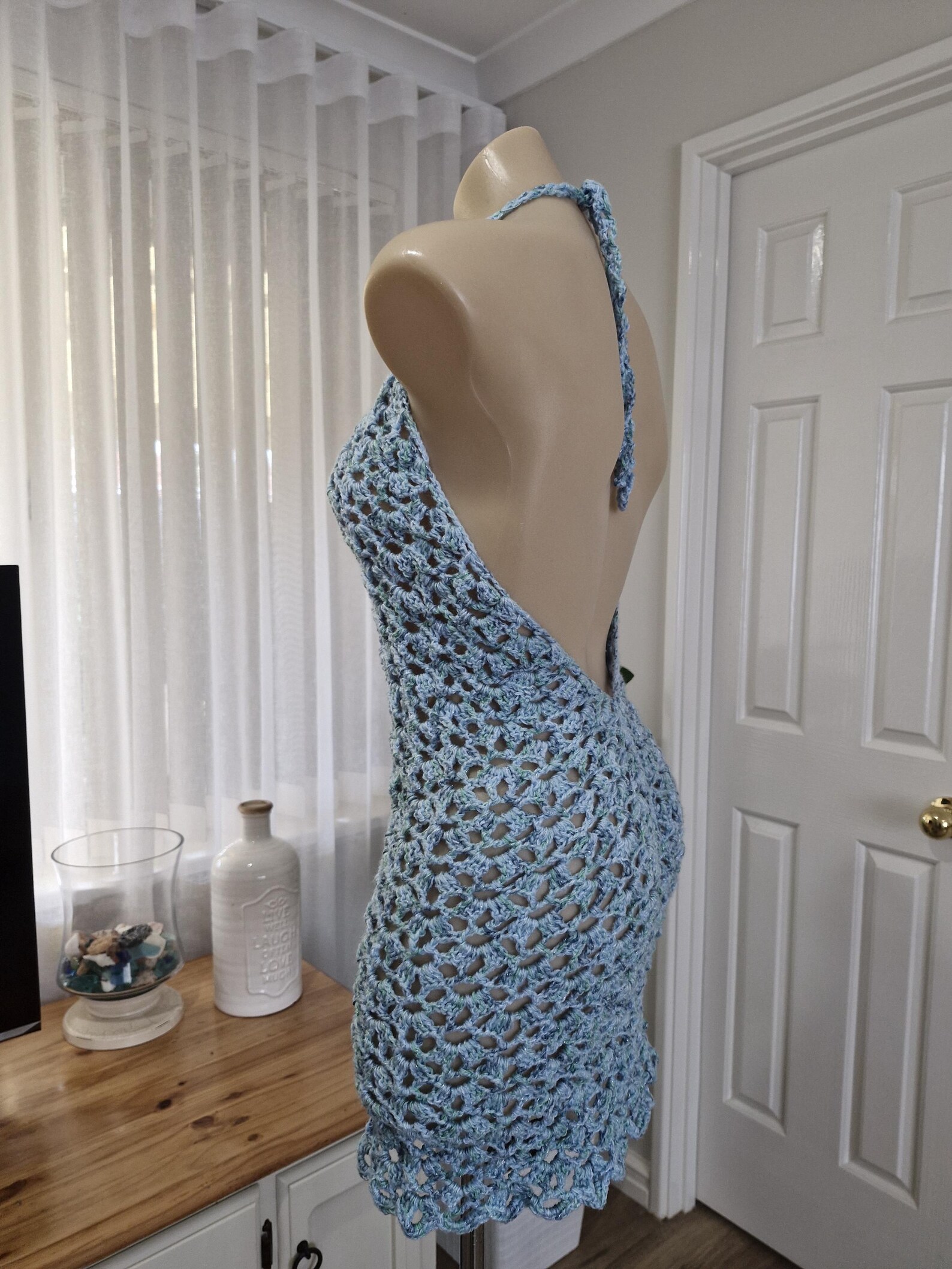 CUSTOM ORDER Blue Lacy Crochet Halter Dress, Beach Dress, Bikini Cover ...