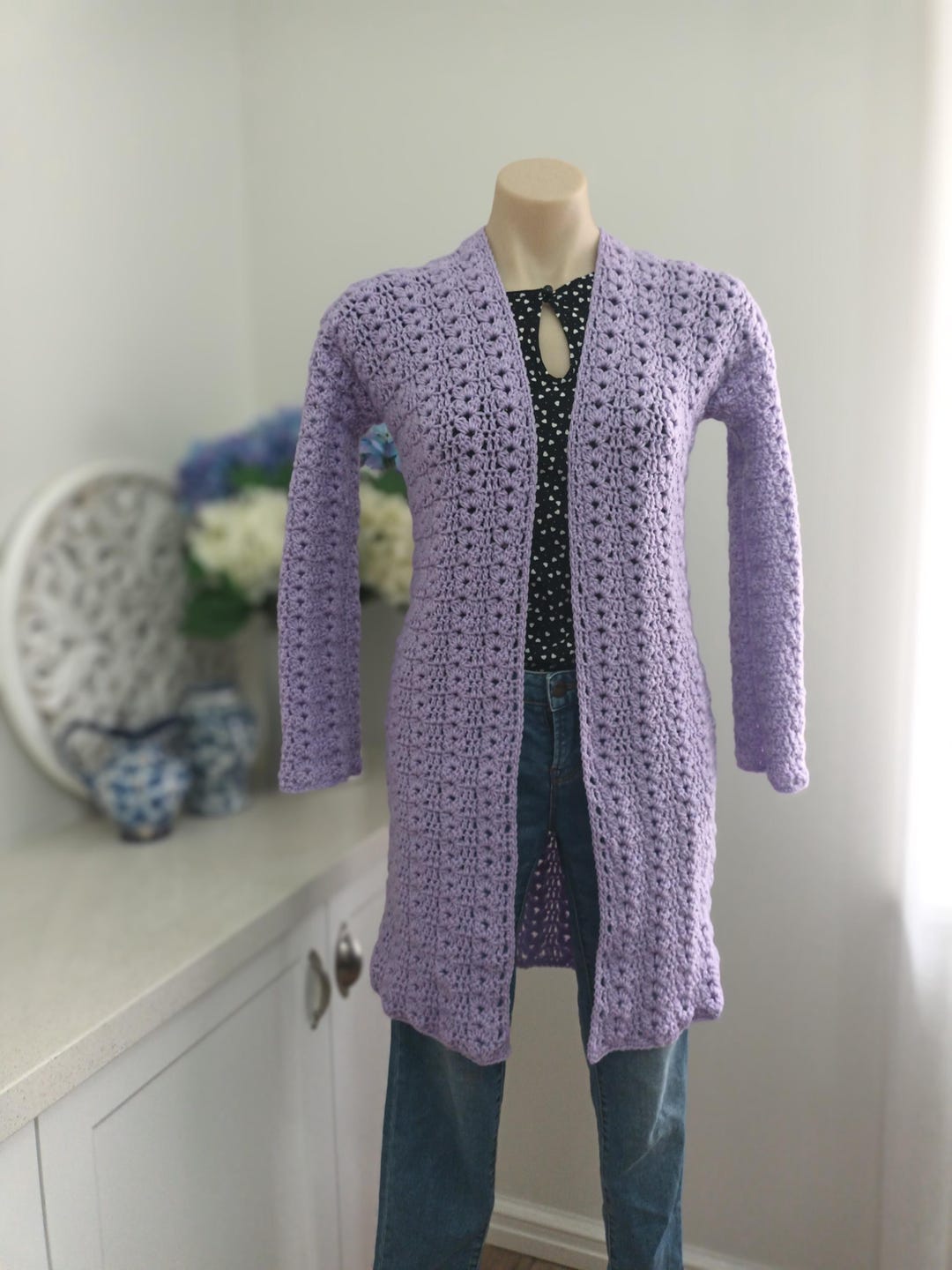 Lacy Crochet Cardigan, Lilac Crochet Duster Cardigan, Long Crochet ...