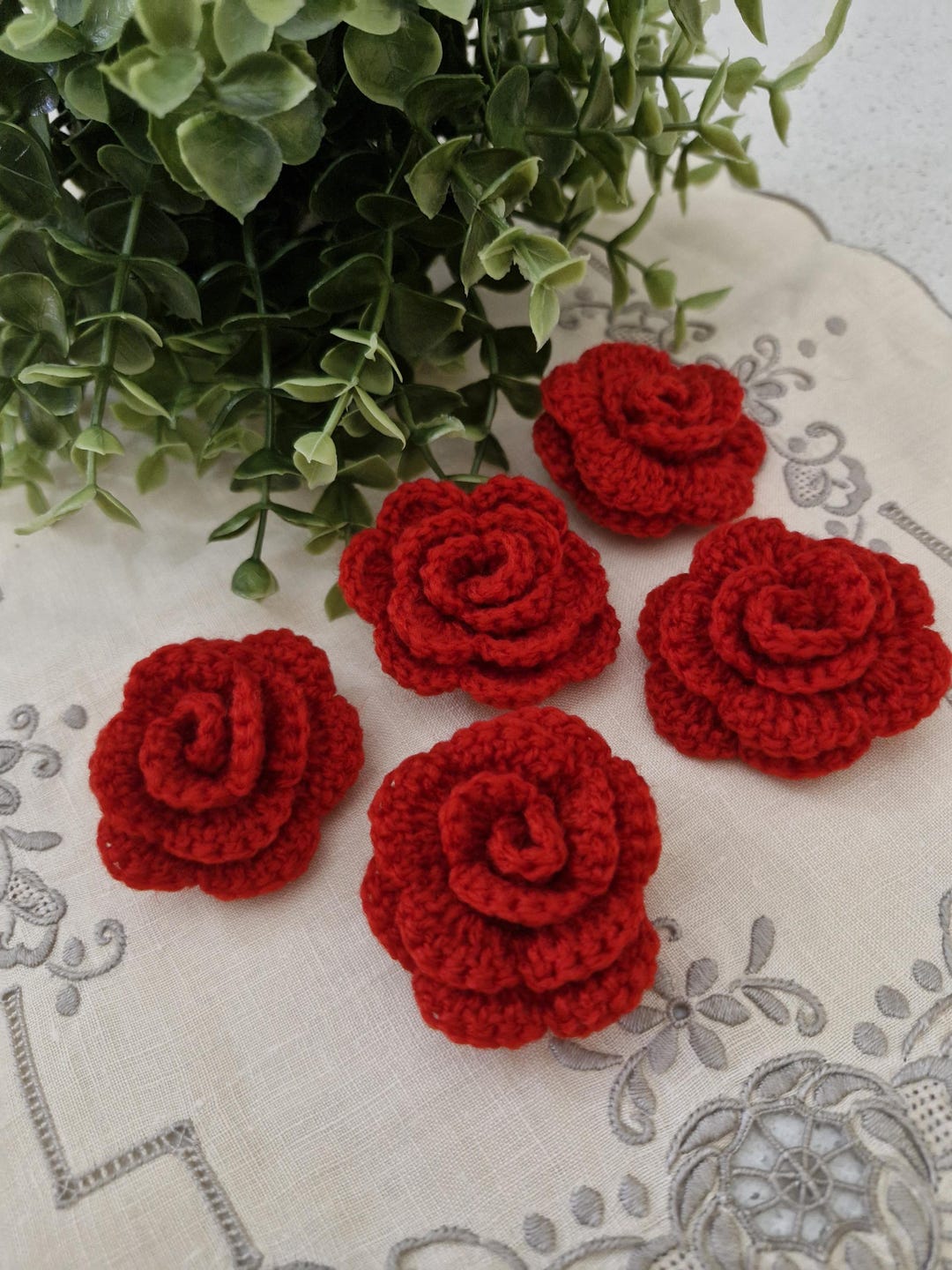 Set of 5 Bright Red 3D Crochet Roses or Flower Embellishments ...