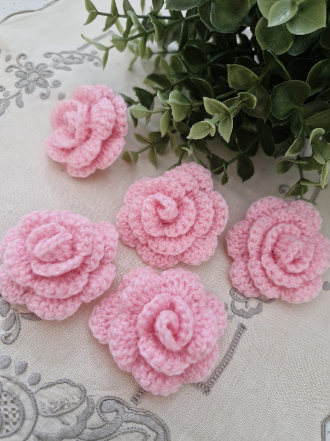 Set of 5 Pink 3D Crochet Roses or Flower Embellishments, Appliques, Sew ...