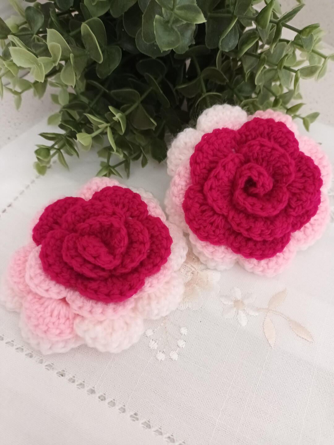 2 Large Pink 3D Crochet Roses or Flower Embellishments, Pink Crochet ...