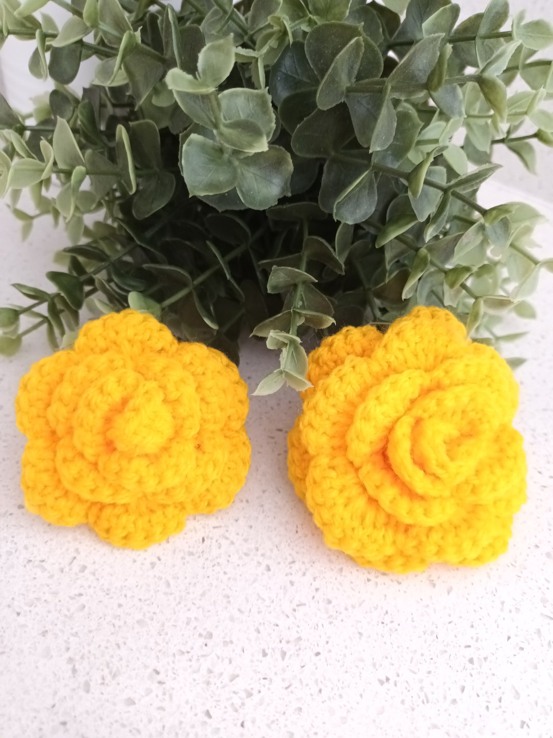 2 Bright Yellow 3D Crochet Roses or Flower Embellishments, Appliques ...