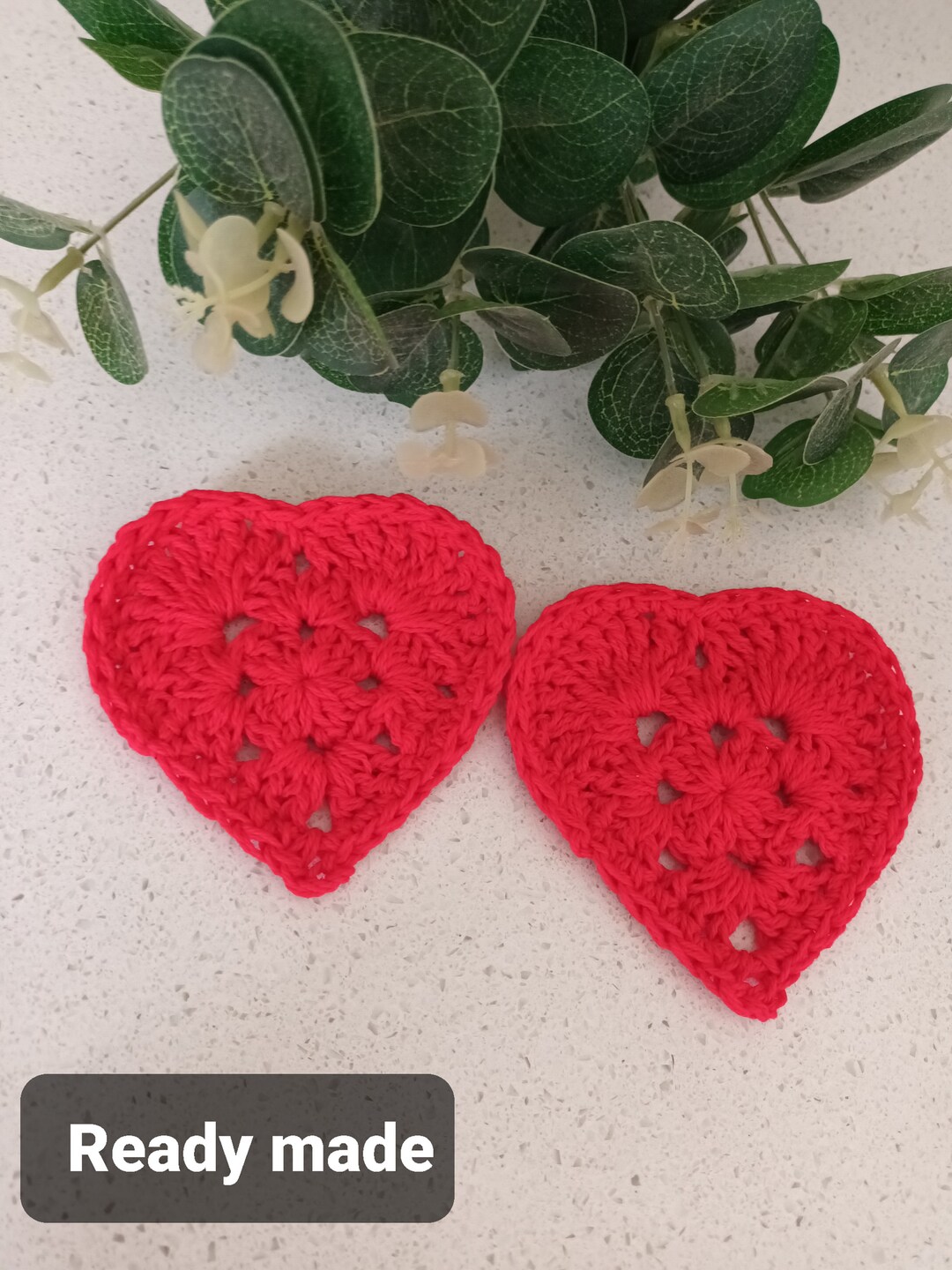 Set of 2 Red Crochet Love Heart Motifs or Embellishments, Bright Red ...