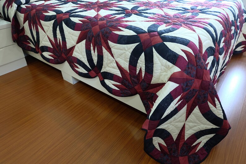 Double Wedding Ring Star Quilt King Size, Red Black Patchwork Heirloom ...