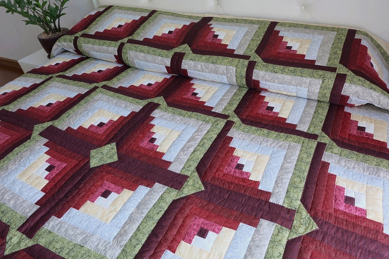 Red and Green Curved Log Cabin King Size Quilt Amish Log - Etsy