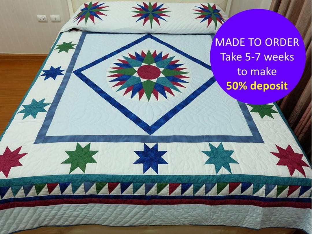 Amish Patchwork Quilt King Size, Mariner's Compass Star Quilt Queen ...