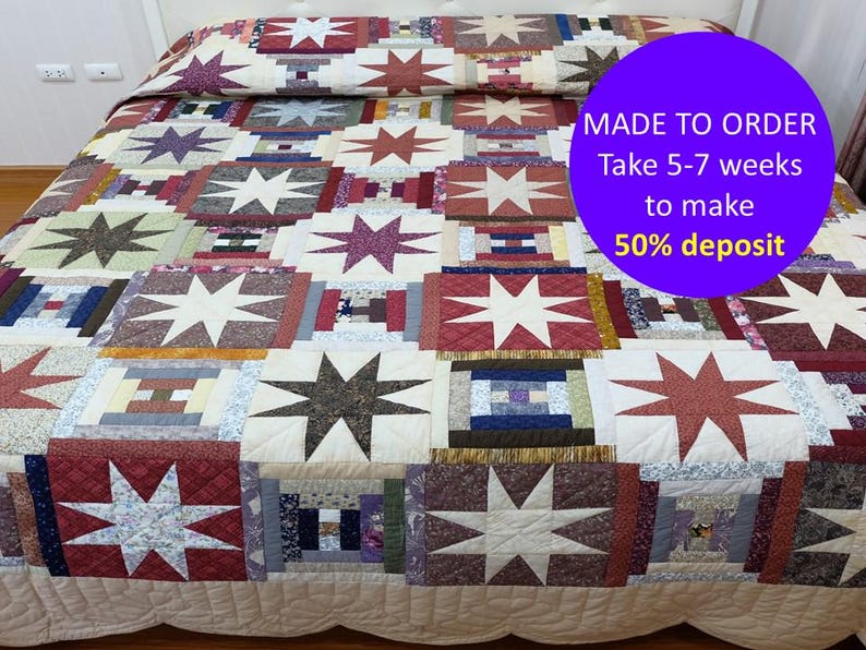 Farmhouse Log Cabin Stars CUSTOM QUILT, Amish Log Cabin Quilt ...