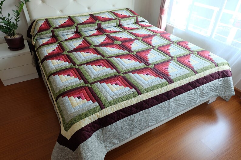 Red and Green Curved Log Cabin King Size Quilt Amish Log - Etsy