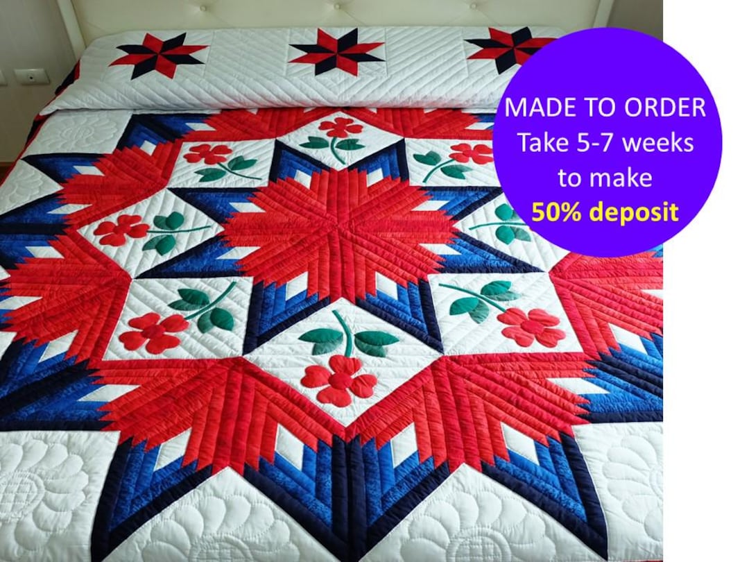 Red & Blue Eight-point Star Amish Patchwork Quilt, Made to Order Eight ...