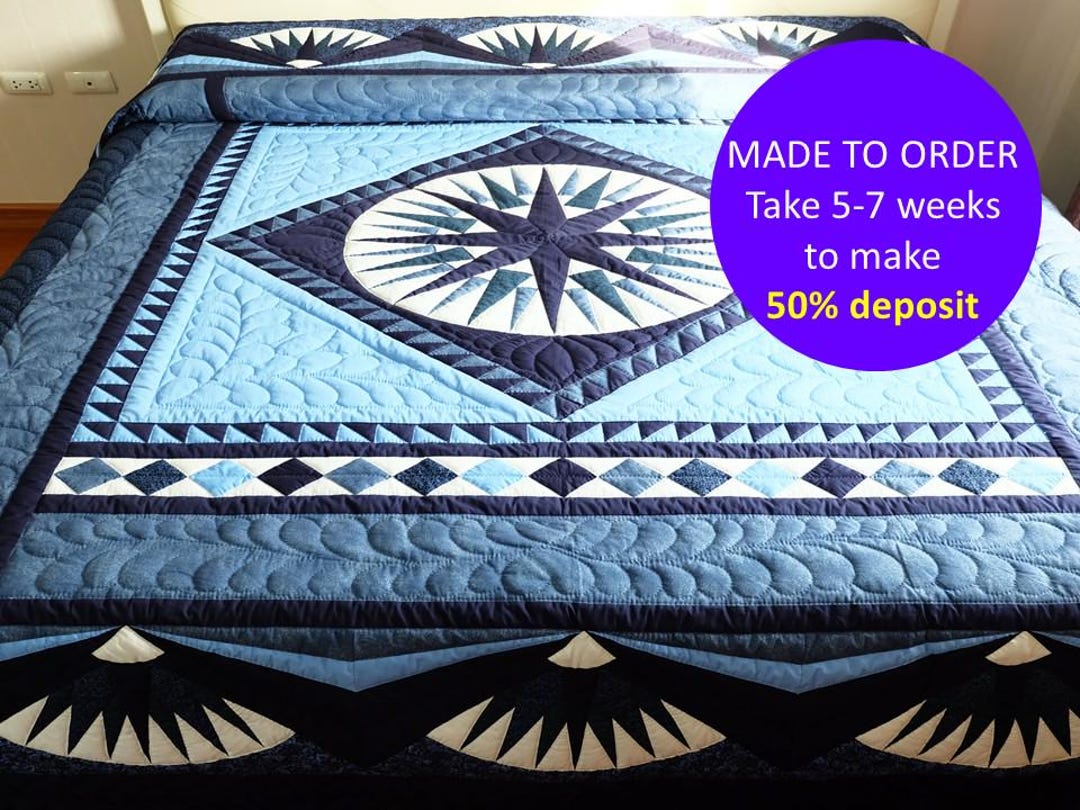 Custom Mariner's Compass Amish Quilt: Handmade Cotton Bedspread ...