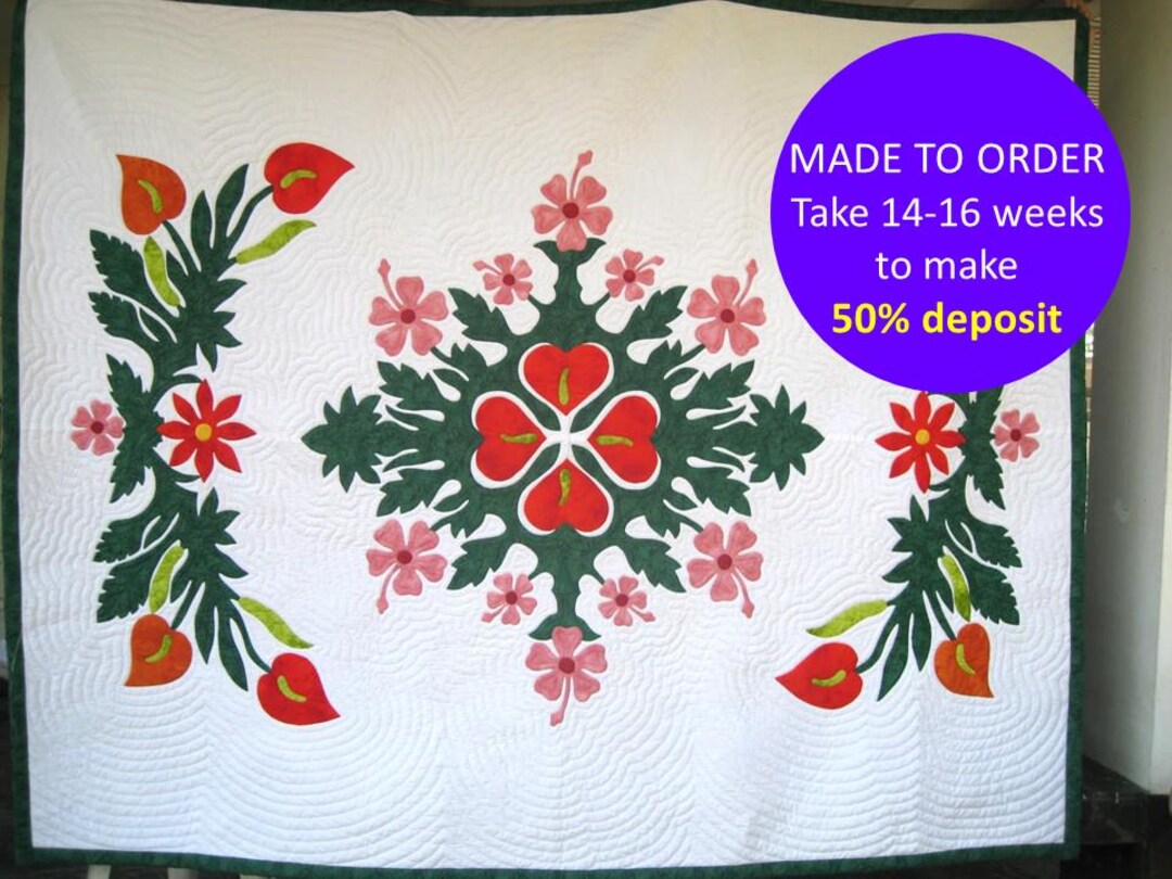 Commissioned Tropical Hawaiian Hand Applique Quilt, Anthurium Flower ...