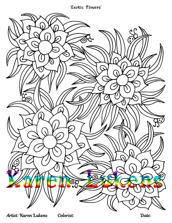 Exotic Flowers 1 Adult Coloring Book Page Printable Instant | Etsy