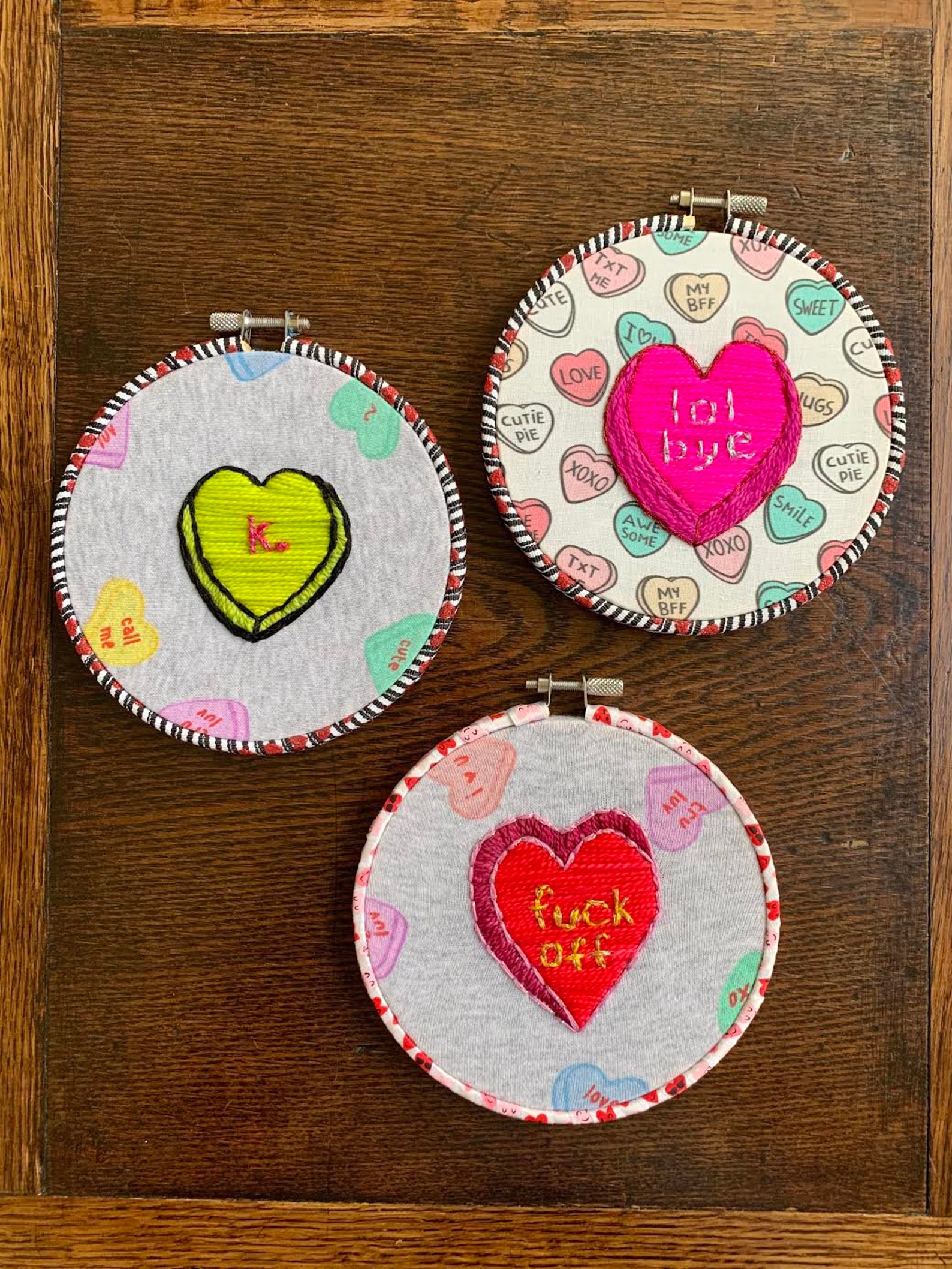 Rude Conversation Candy Hearts 5 in Embroidery Hoop Wall Art 'lol Bye ...