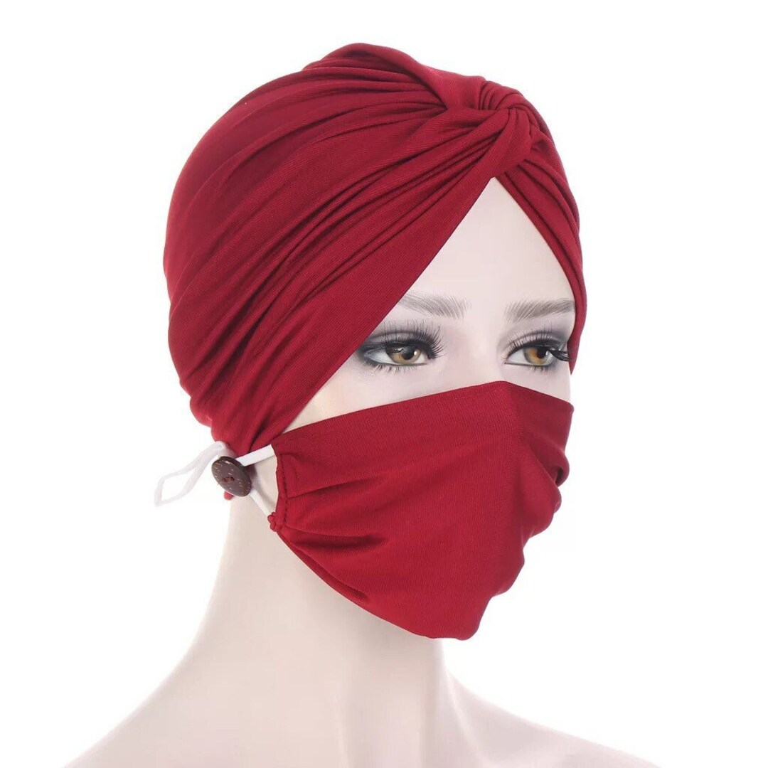 Headwrap Matching Set, Pre-tied Turban With Mask, RED Turban Head Wrap ...