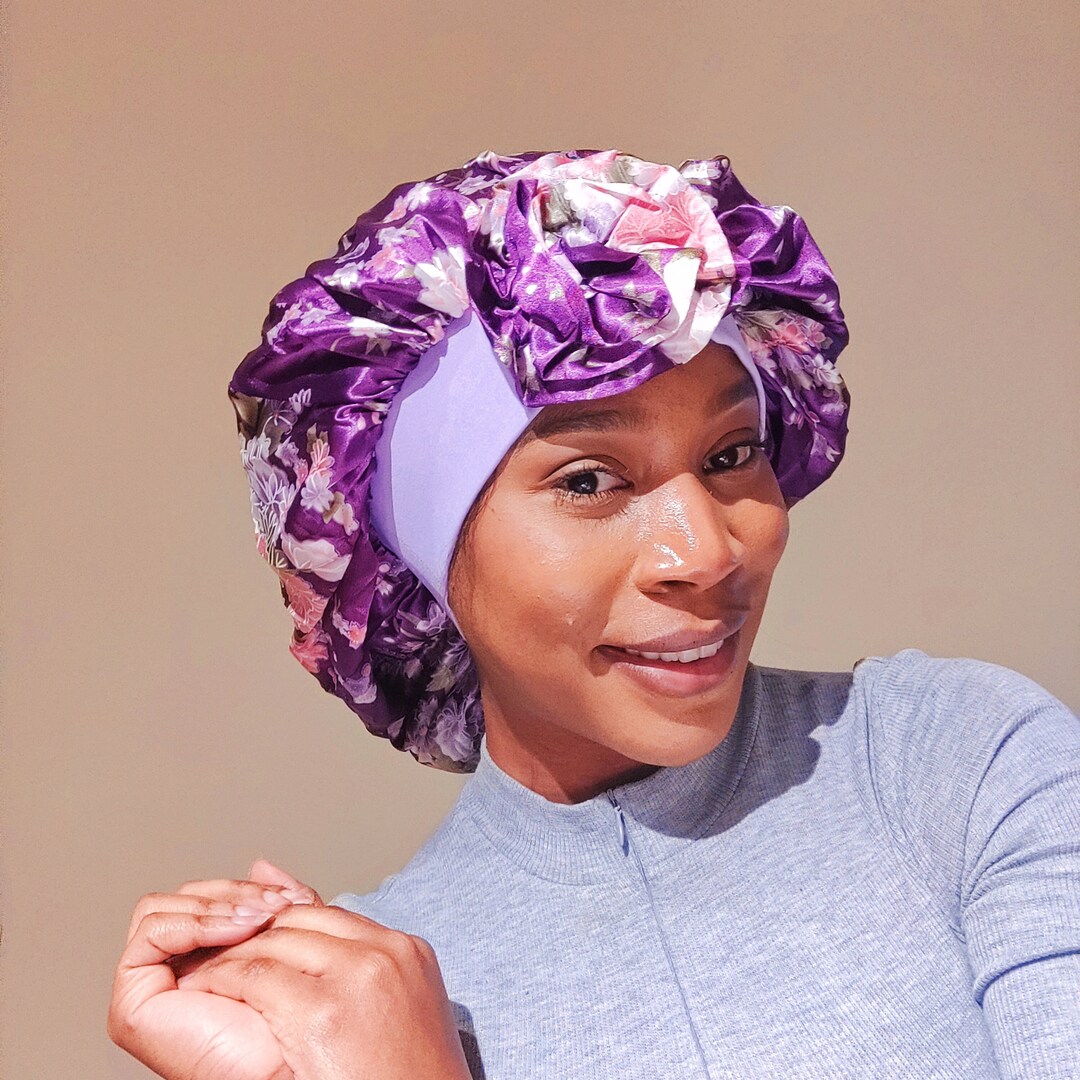 Purple Floral Bonnet Wideband Satin Bonnets, Large Size Night Cap for ...