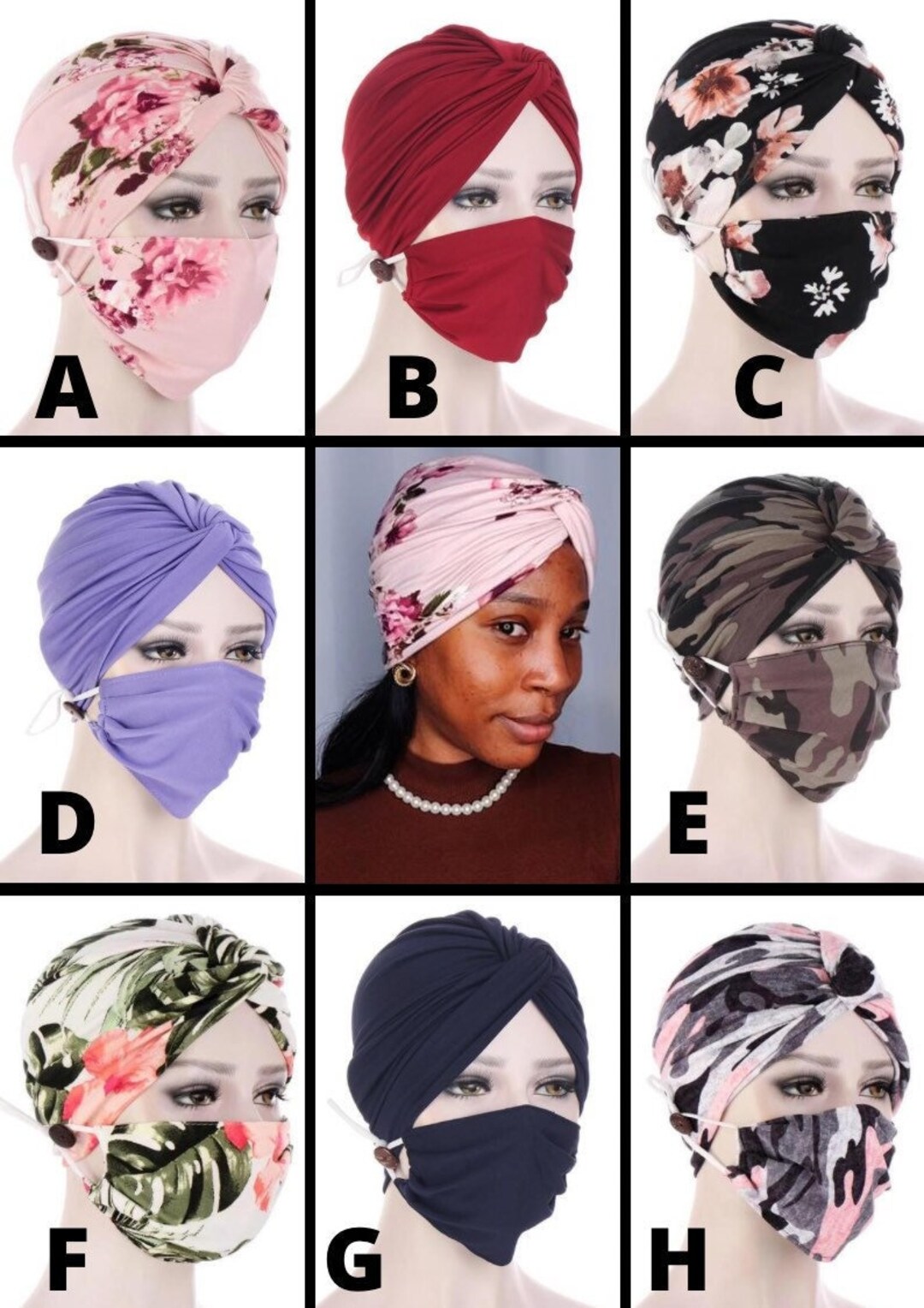 Women Turban: Headwrap, Turban With Mask, Beanie Cap Mask Set, Solid ...