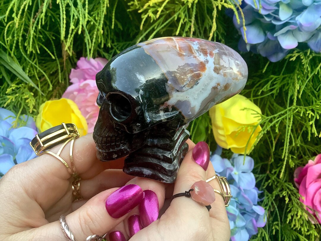 Agate Crystal Alien Skull 12 Oz. 4 Long Colorful Black Purple Red and ...