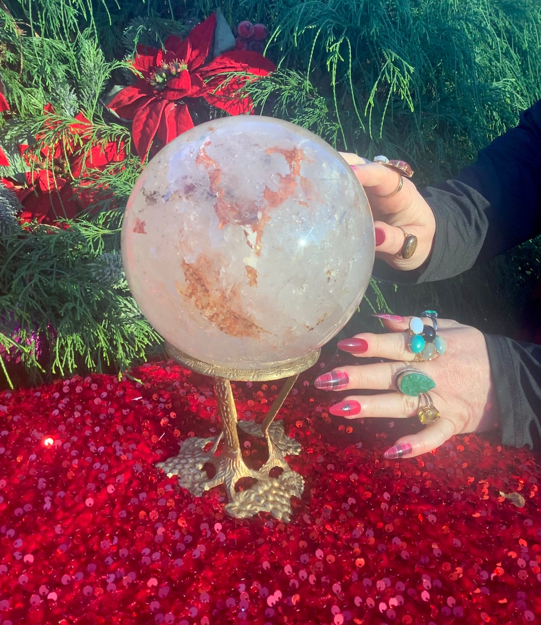 Large Clear Quartz Crystal Ball: Red Phantom Inclusions, Antique ...