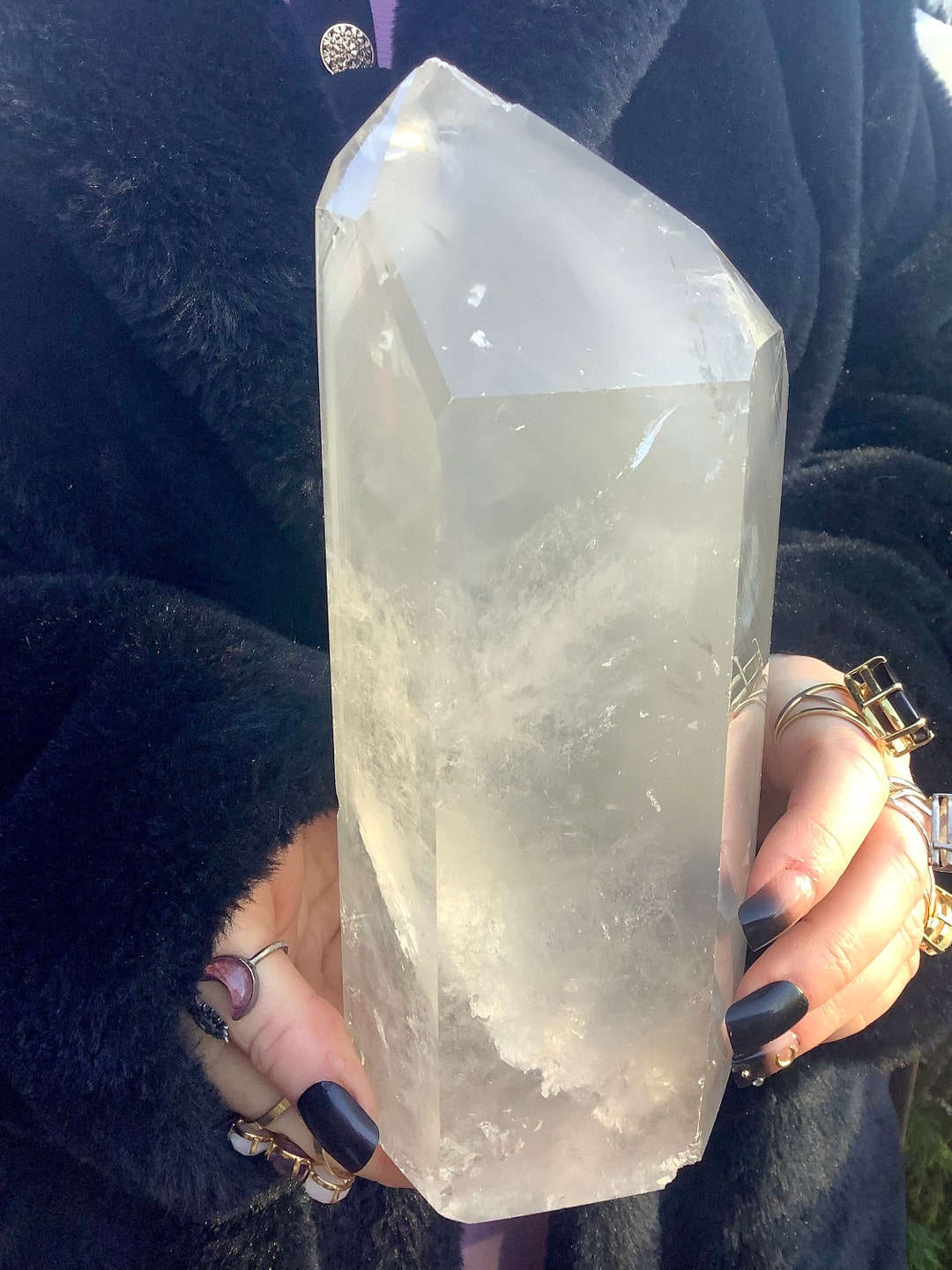 Large Clear Quartz Crystal Generator: Silver Pyramid Prism Inclusions ...