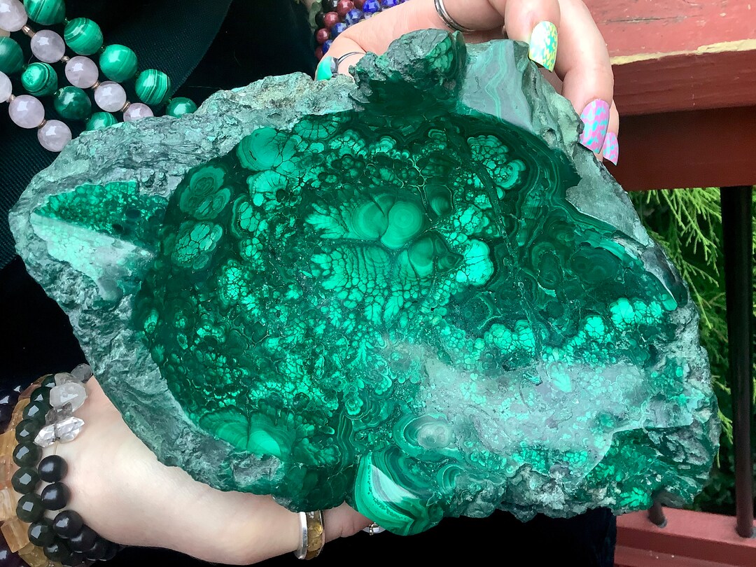 Malachite Stone Large 7 Lb. Bowl ~ 8" Long ~ Beautiful Polished Green ...
