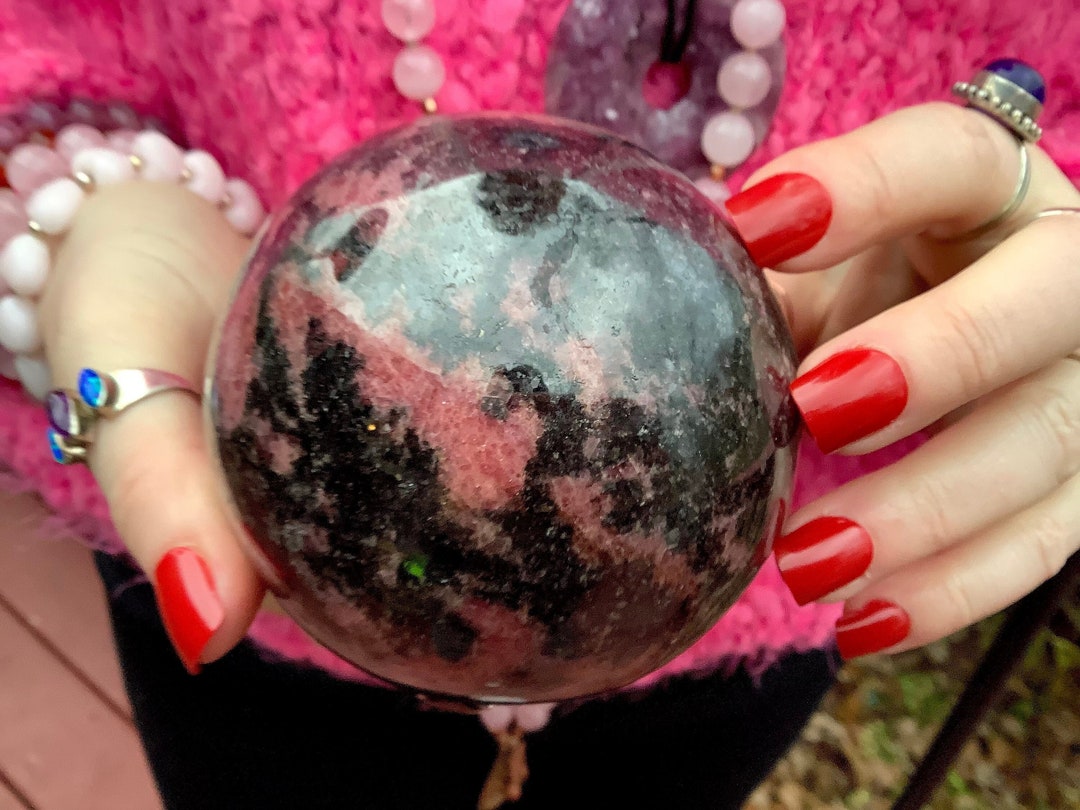 Rhodonite Crystal Ball ~ Large 2 Lb. 4 Oz. ~ 3" Wide ~ Pink and Black ...