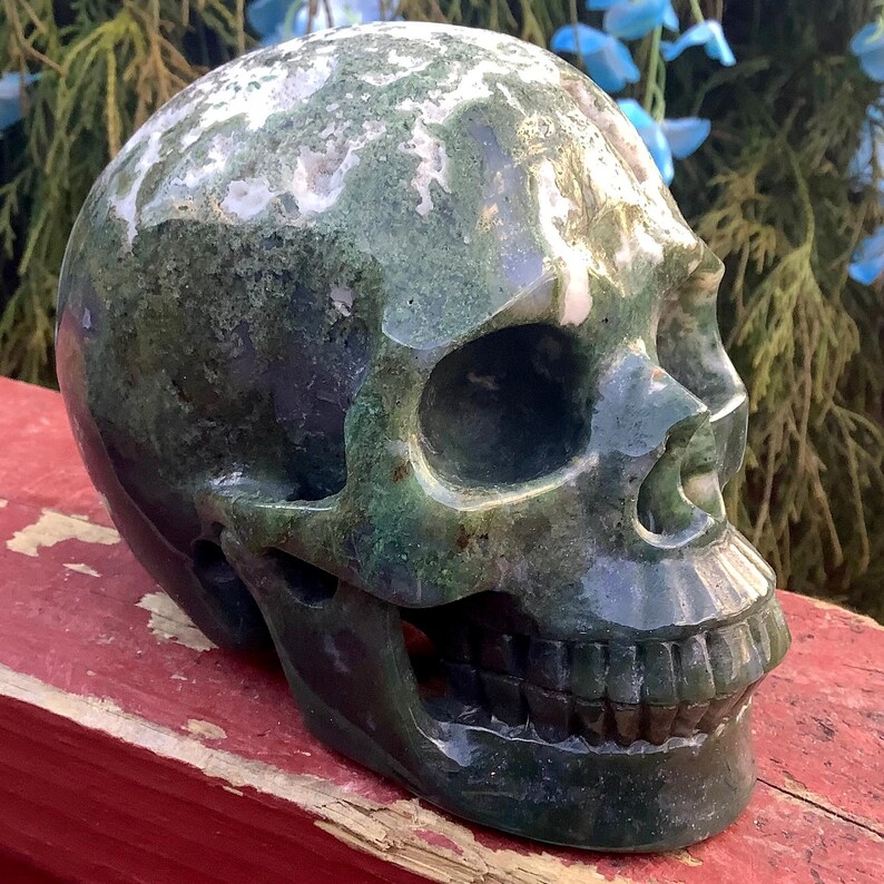 Moss Agate Crystal Skull ~ 2 Lb. 11 Oz. ~ 5" Long ~ Swirling Green ...