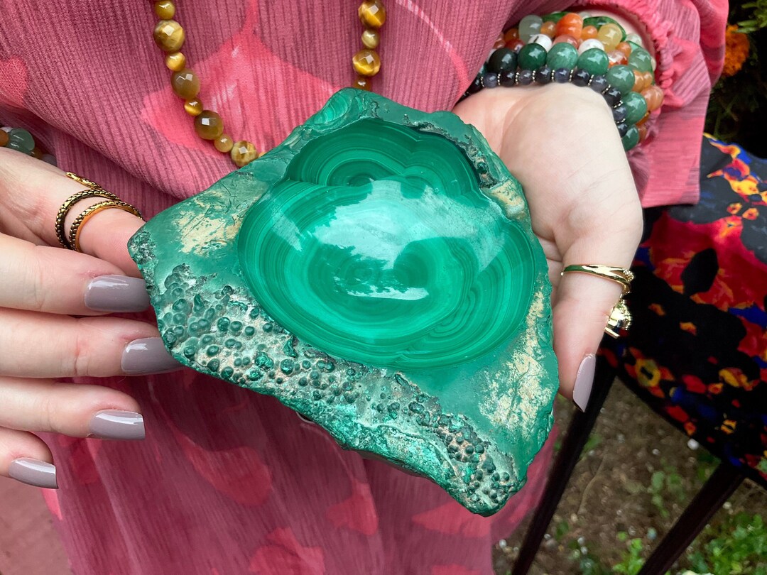 Malachite Stone Large 2 Lb. 13 Oz. Bowl Dish 5 Long Polished Green ...