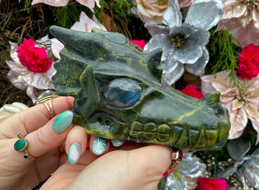 Jade Dragon Crystal Skull 1 Lb. 6 Oz. With Blue Labradorite Eyes 5 Long ...