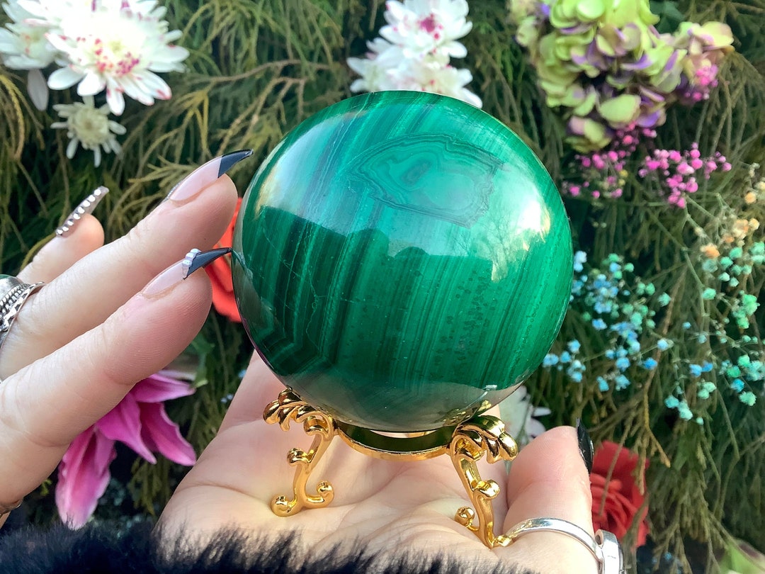Malachite Crystal Ball ~ Large 1 Lb 4 Oz. ~ 2 1/2" Wide ~ W/ Ornate ...